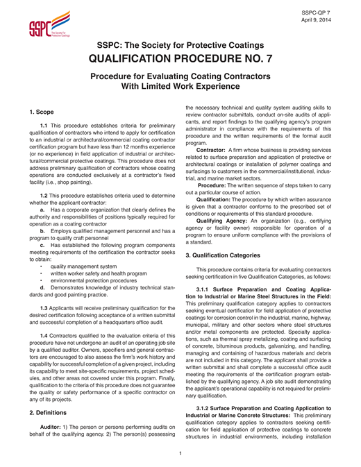 Procedure for Evaluating Coating Contractors with Limited Work Experience | Standards ...